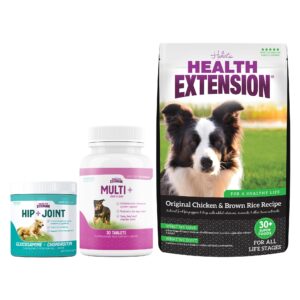 health extension supplements bundle - dry dog food chicken & brown rice recipe (4 lbs), joint & hip supplement cheese flavored powder (8oz), multivitamin (30 tablets) - complete nutrition for dogs