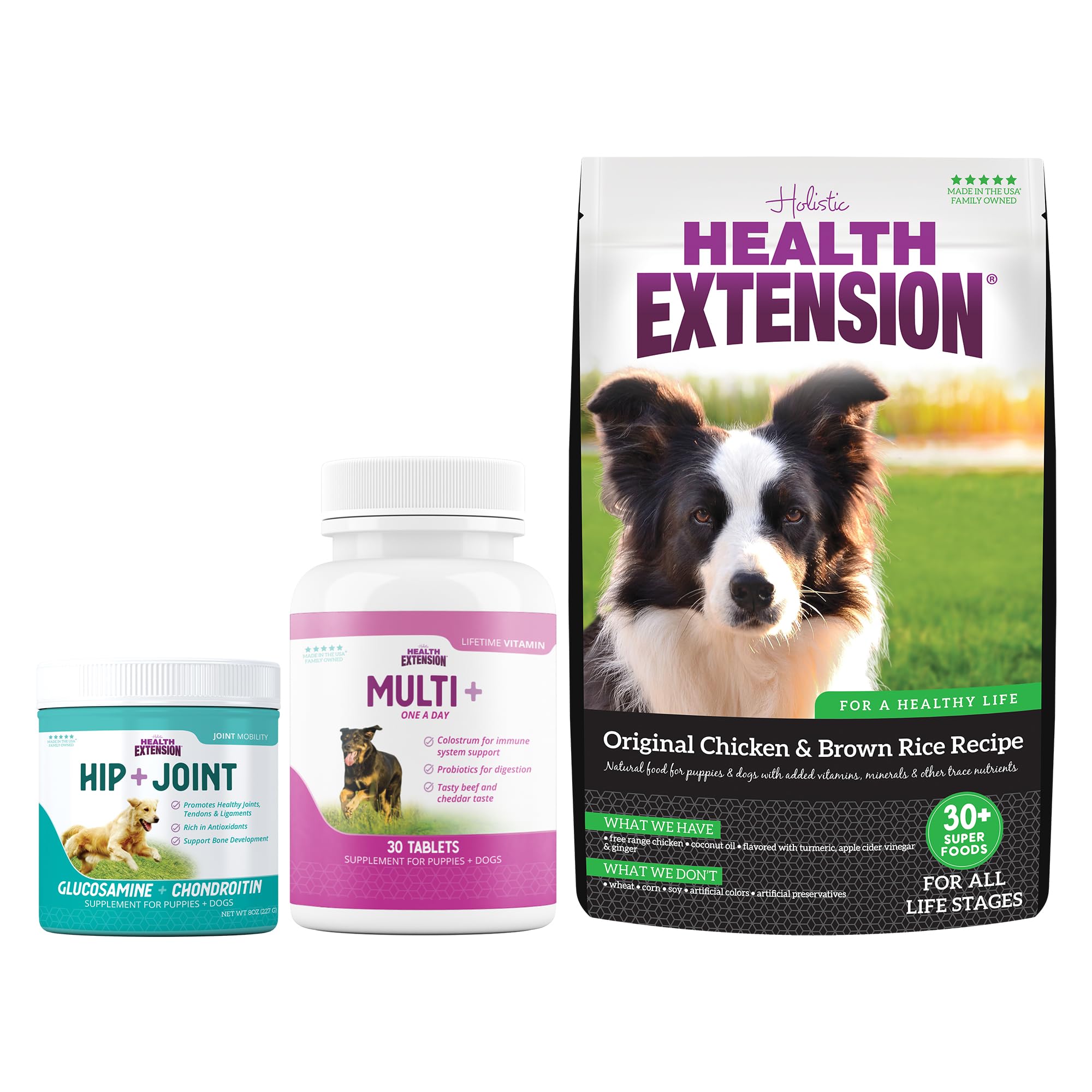 Health Extension Supplements Bundle - Dry Dog Food Chicken & Brown Rice Recipe (4 lbs), Joint & Hip Supplement Cheese Flavored Powder (8oz), Multivitamin (30 Tablets) - Complete Nutrition for Dogs