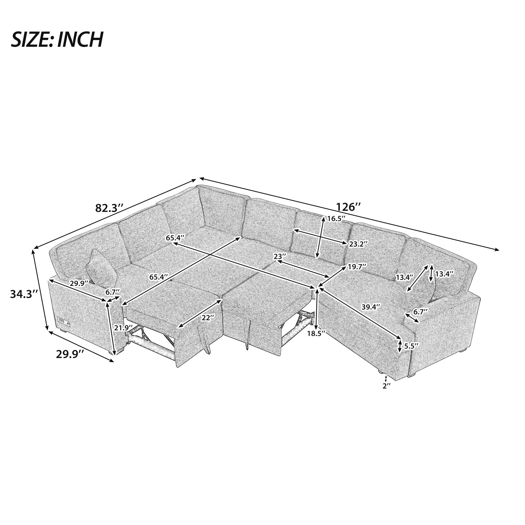 Merax 126" L-Shaped Sectional Sofa Couch Pull-Out Bed with Charging Devices and Cup Holders for Living Room