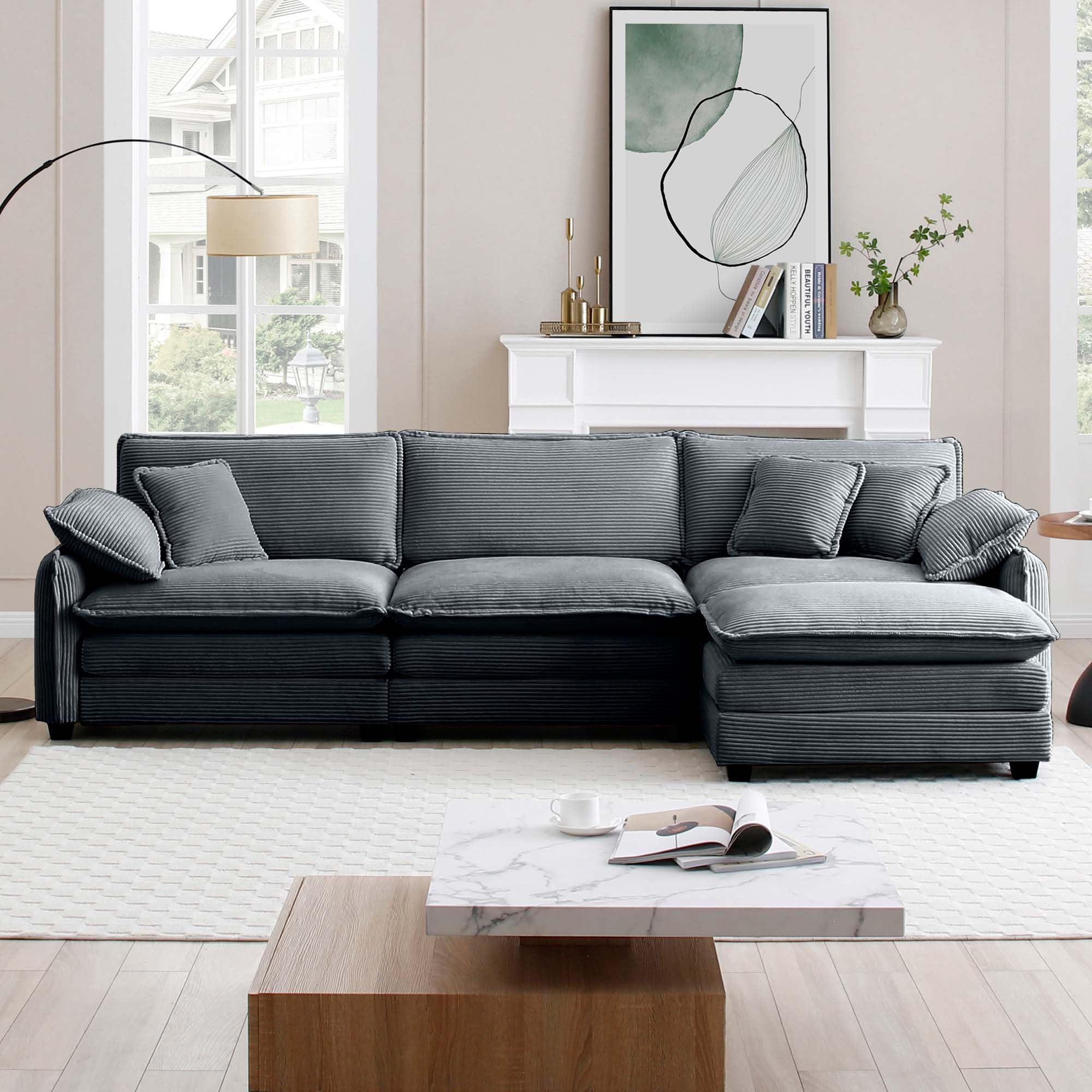 115" Modular Sectional Sofa,L Shaped Sectional Couches for Living Room,3-Seater Corduroy Upholstered Cloud Couches with Movable Ottoman and Deep Seats