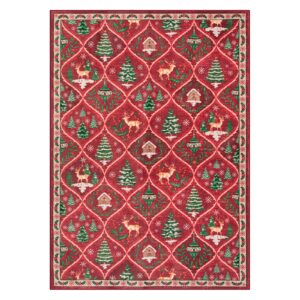 Lahome Christmas Living Room Rug, 5x7 Print Christmas Reindeer Rugs for Bedroom Aesthetic Large Washable Area Rug, Soft Christmas Tree Area Rug Stain Resistance Dining Room Rugs for Under Table (Red)