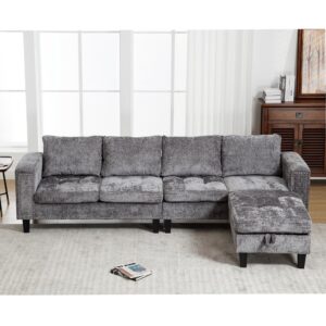 Ball & Cast 104.5" L Shaped Sectional Couch with Storage Ottoman, Chenille Upholstered 5 Seat Modular Sofa with Reversible Chaise for Living Room, Easy Assembly, Gray