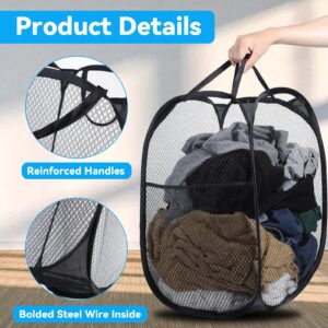 Gjinxi Strong Mesh Pop up Laundry Hamper Basket Large Collapsible Mesh Laundry Basket Pop Up Hamper Foldable Mesh Laundry Bag Travel Black Hamper Basket Pocket Storage with Handles