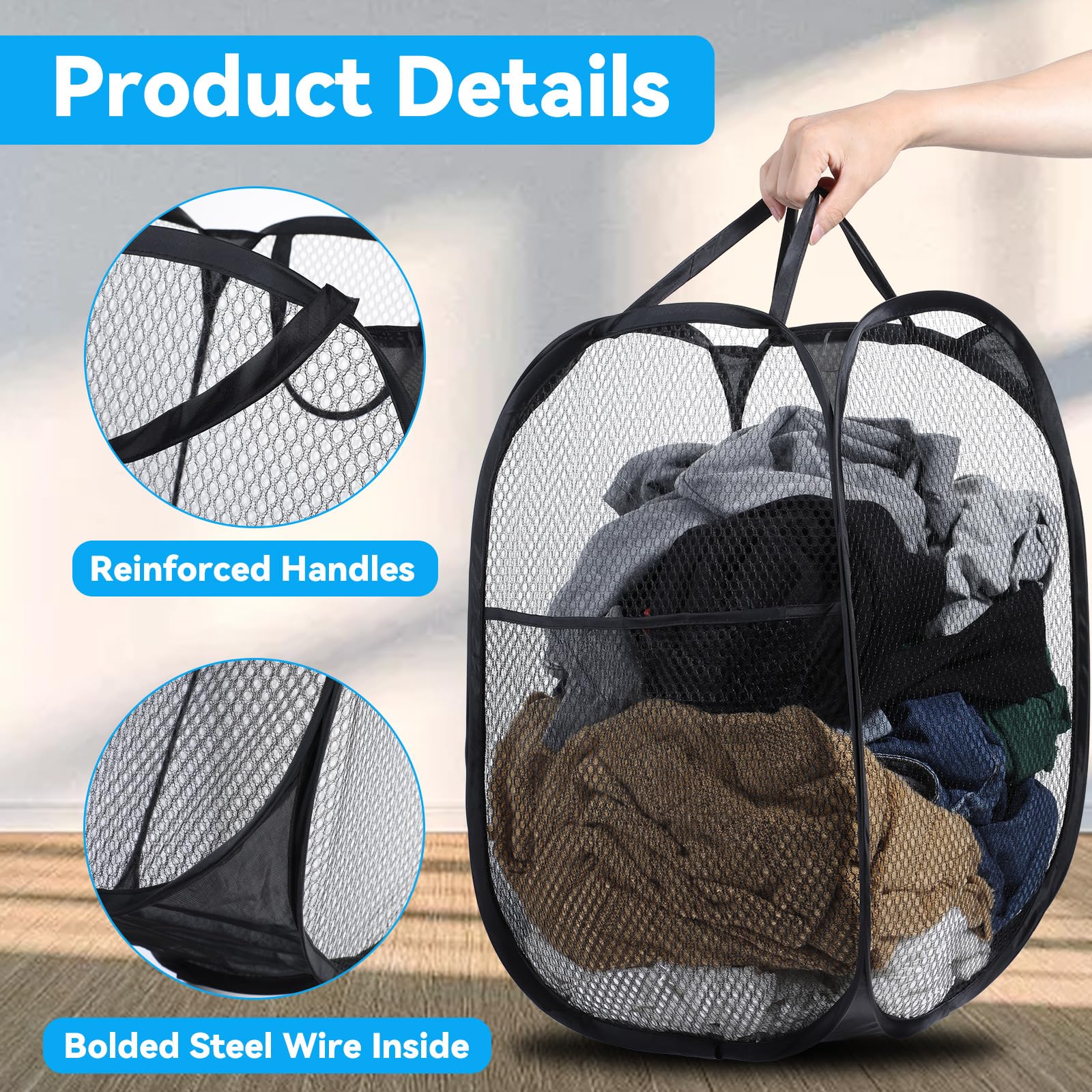 Gjinxi Strong Mesh Pop up Laundry Hamper Basket Large Collapsible Mesh Laundry Basket Pop Up Hamper Foldable Mesh Laundry Bag Travel Black Hamper Basket Pocket Storage with Handles