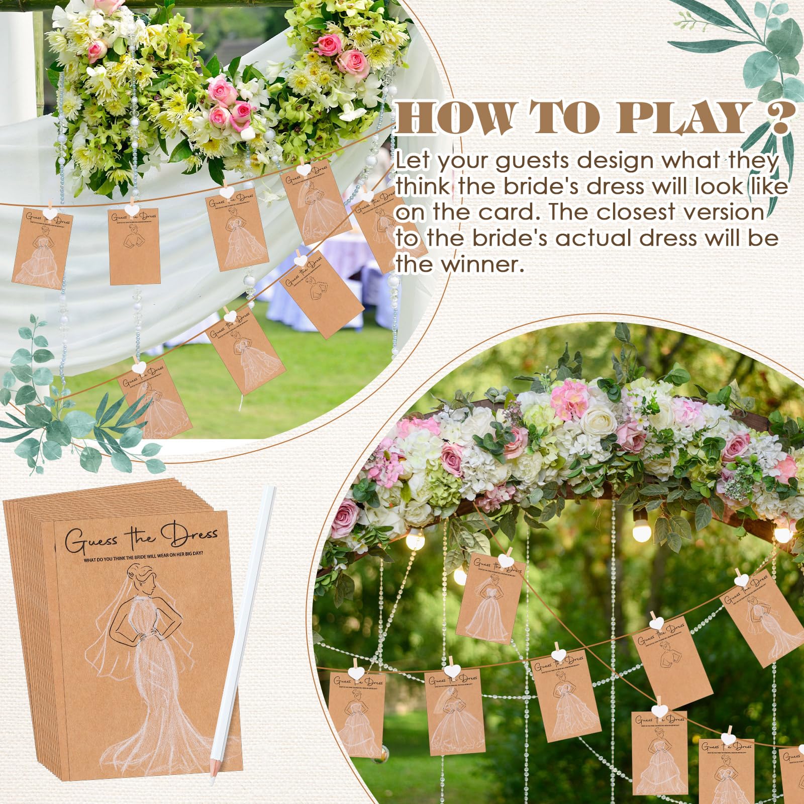 Sinload 30 Sets Guess the Dress Bridal Shower Games for Guests 30 Pcs Wedding Shower Games Cards 30 Water Soluble Pencils 30 Fun Heart Wooden Clip and 1 String Rope Wedding Party Supplies Games Ideas