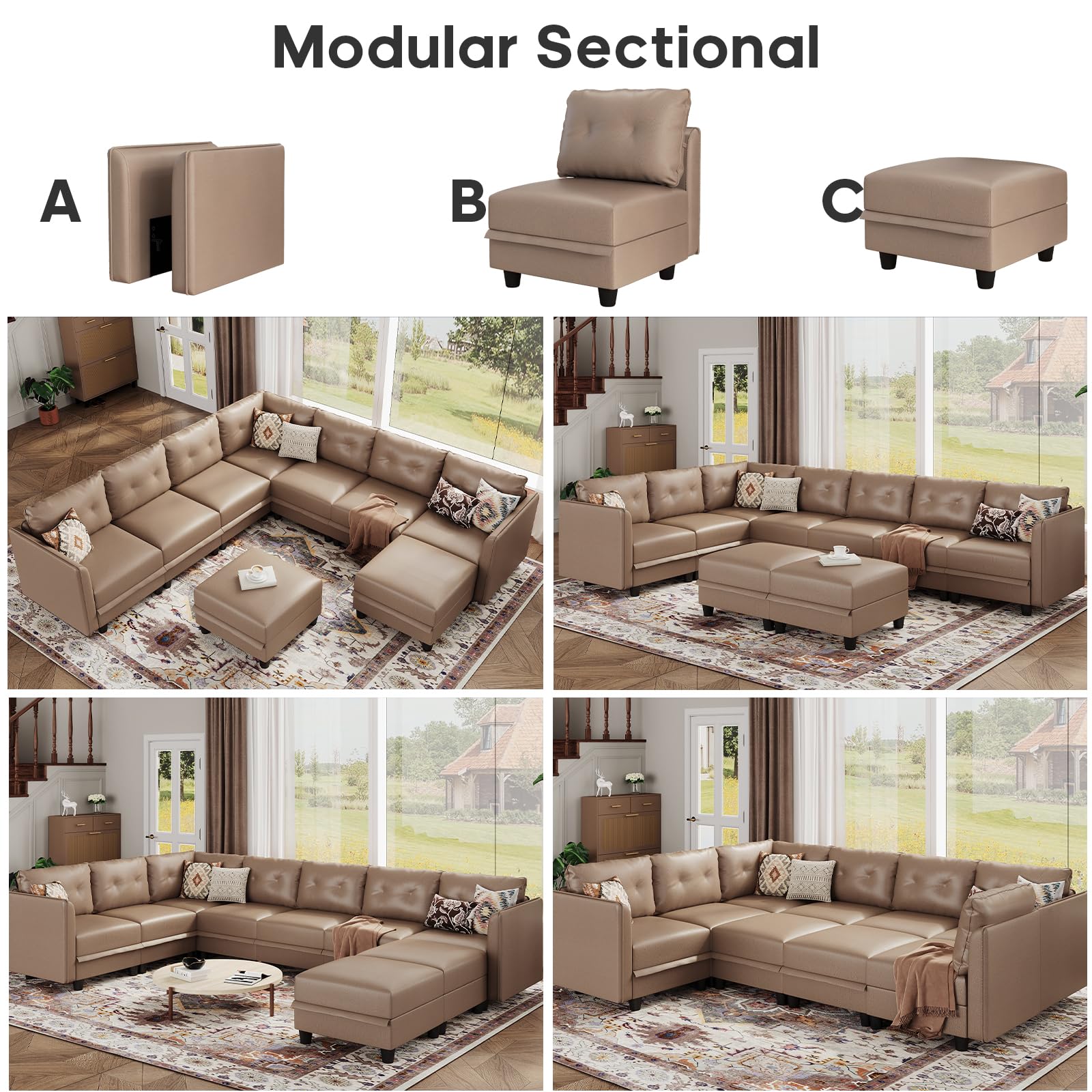 LLappuil Modular Sectional Sofa, Oversized U Shaped Sofa with Storage, Sectional Couch for Living Room, Faux Leather Fabric Waterproof Sofa, 8 Seats with Ottoman, Cognac Brown