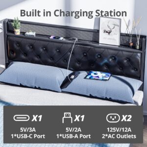 EvaStar Home Queen Bed Frame with 4 Storage Drawers, Charging Station and LED Lights, Upholstered Headboard with Storage Shelves, Heavy Duty Metal Slats, Noise Free, Easy Assembly, Black