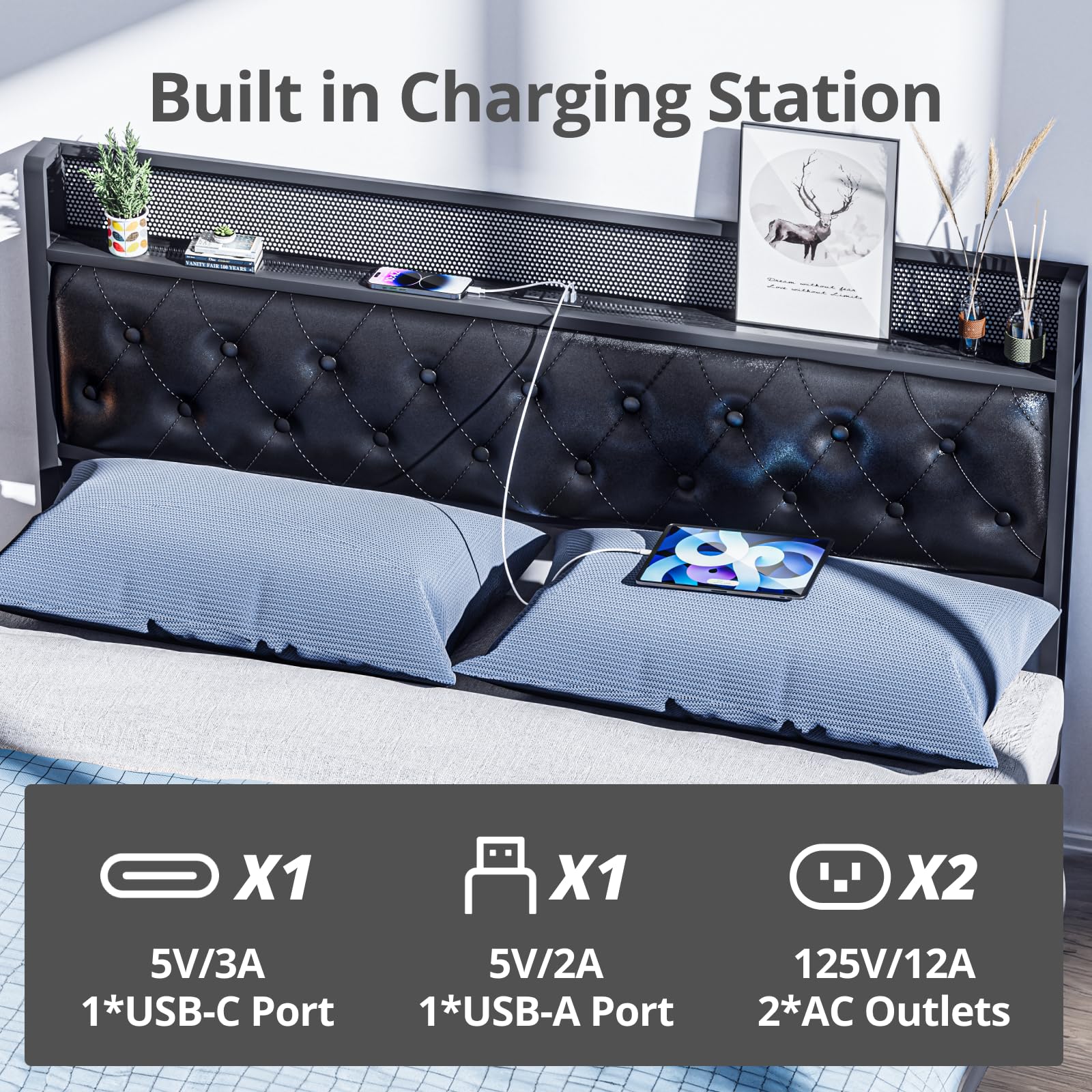 EvaStar Home Queen Bed Frame with 4 Storage Drawers, Charging Station and LED Lights, Upholstered Headboard with Storage Shelves, Heavy Duty Metal Slats, Noise Free, Easy Assembly, Black