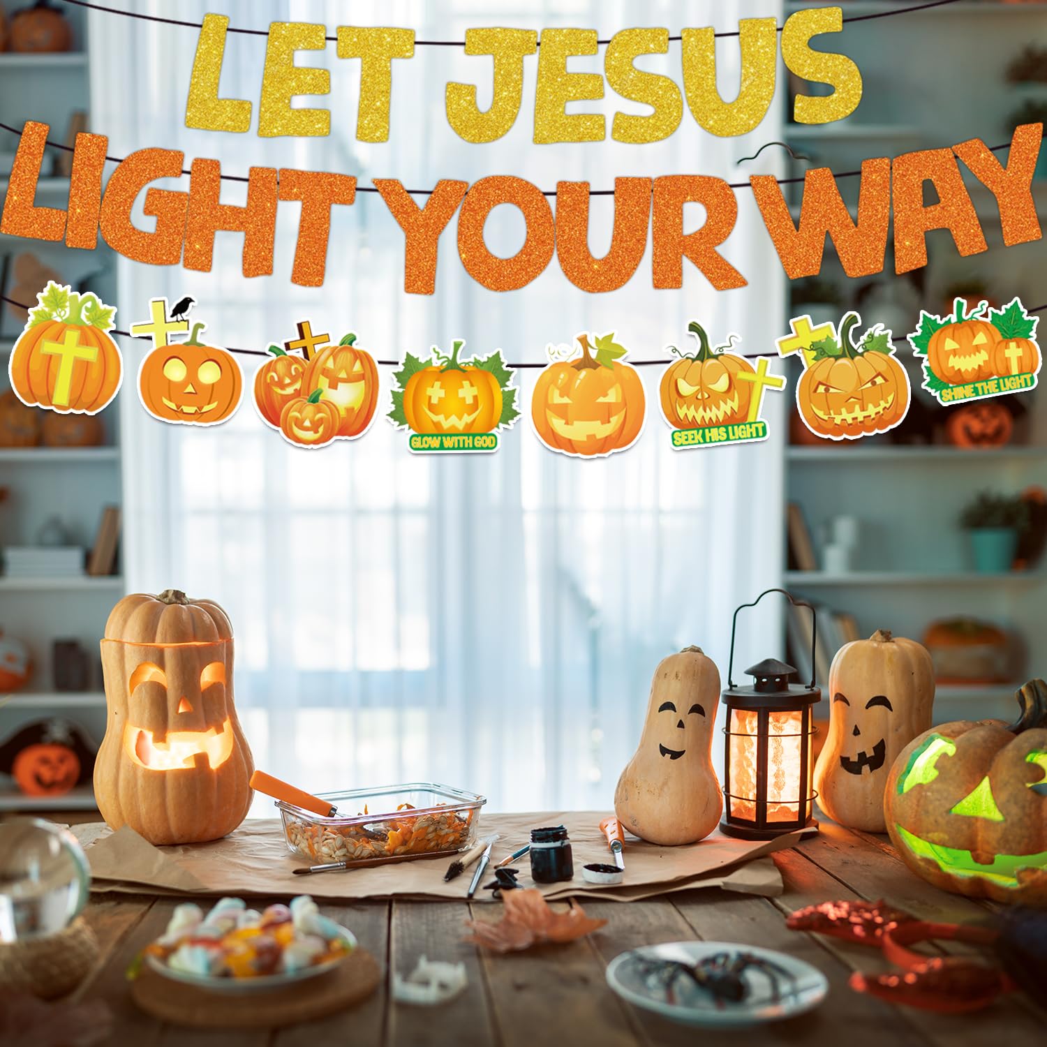 Christian Halloween Decorations Banner, Let Jesus Light Your Way Halloween Party Banner, Religious Halloween Party Banner Trunk or Treat Decorations for Church Christian Halloween Pumpkin Garland