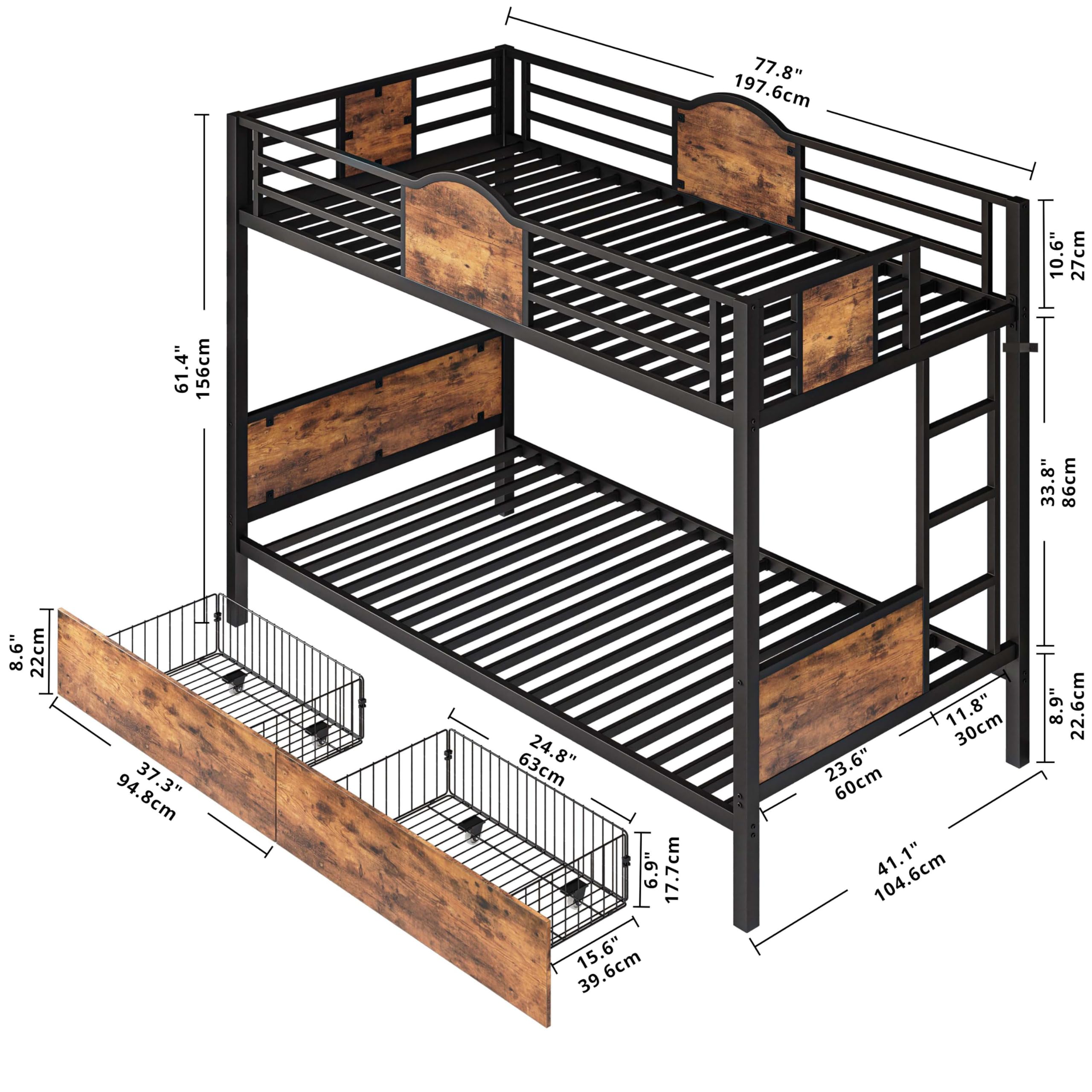 LIKIMIO Bunk Bed Twin Over Twin with Ladder and MDF Board Guardrail, Twin Bunk Beds with 2 Storage Drawers, Space-Saving, Noise Free, Black