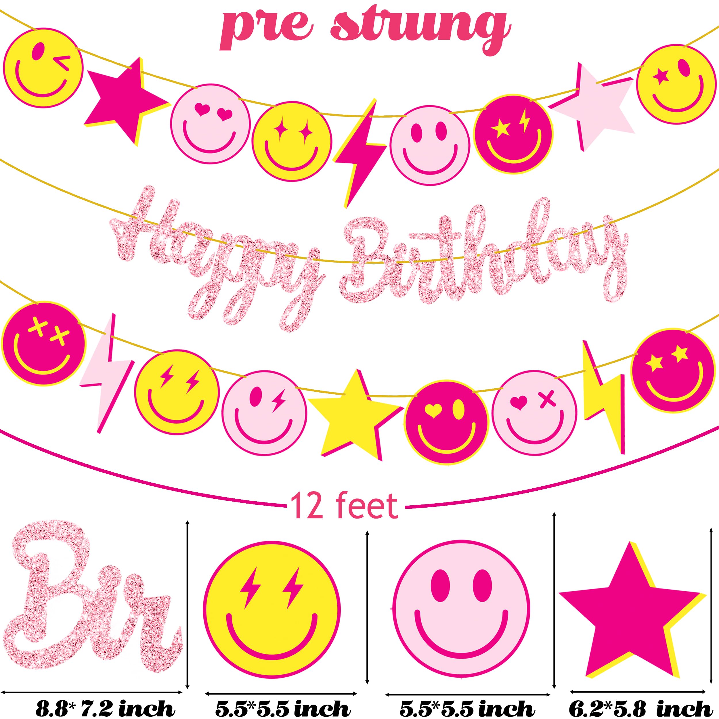 Preppy Birthday Party Banners 3Pcs Preppy Smile Face Birthday Party Decorations Pink Smile Face Lightning Star Themed Party Banners for Preppy Theme Bachelorette Birthday Party Supplies