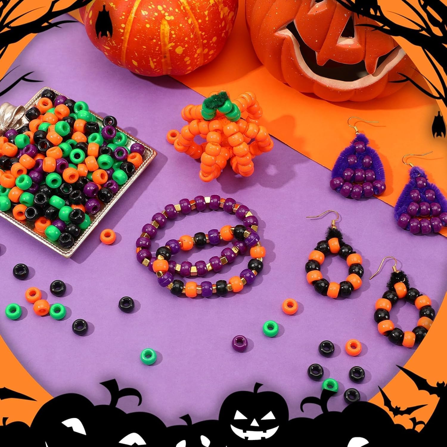 Ganepwns Halloween Clay Beads for Bracelet Making, Orange Black Beading kit with Moon Pumpkin Ghost Witch Hat Charms Pendants for Jewelry Making, DIY Craft Arts Halloween Gifts