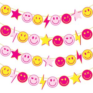 preppy party banners 4pcs preppy smile face party decorations hot pink yellow smile face lightning star themed party banners for back to school party bachelorette birthday party supplies