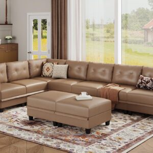 LLappuil Modular Sectional Sofa, Oversized U Shaped Sofa with Storage, Sectional Couch for Living Room, Faux Leather Fabric Waterproof Sofa, 8 Seats with Ottoman, Cognac Brown