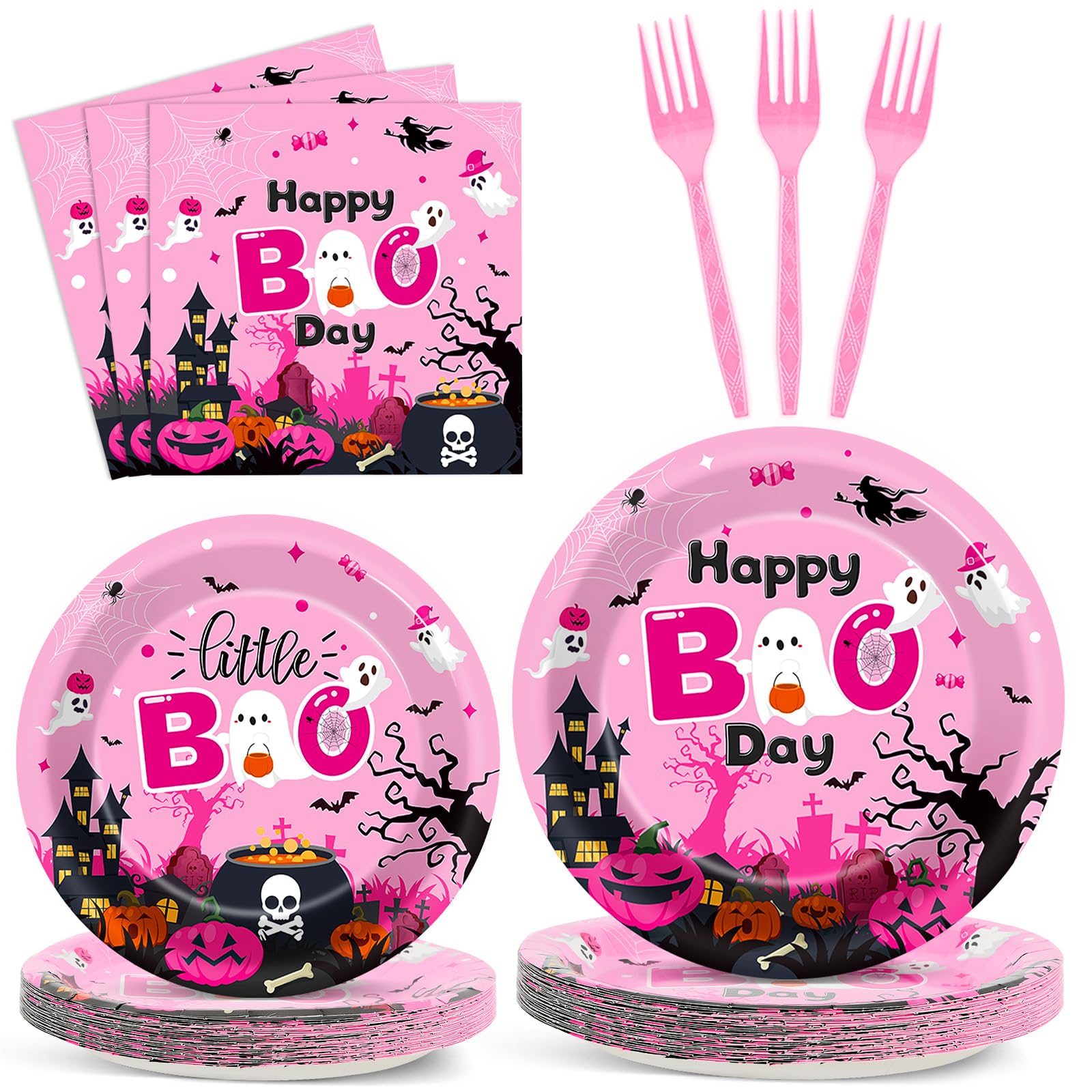 96Pcs Halloween Happy Boo Day Party Supplies Pink Ghost Pumpkin Paper Plates Napkins Ghost Theme Party Decoration Little Boo Ghost Dinnerware Party Favor Baby Shower Birthday Party Tableware Serves 24