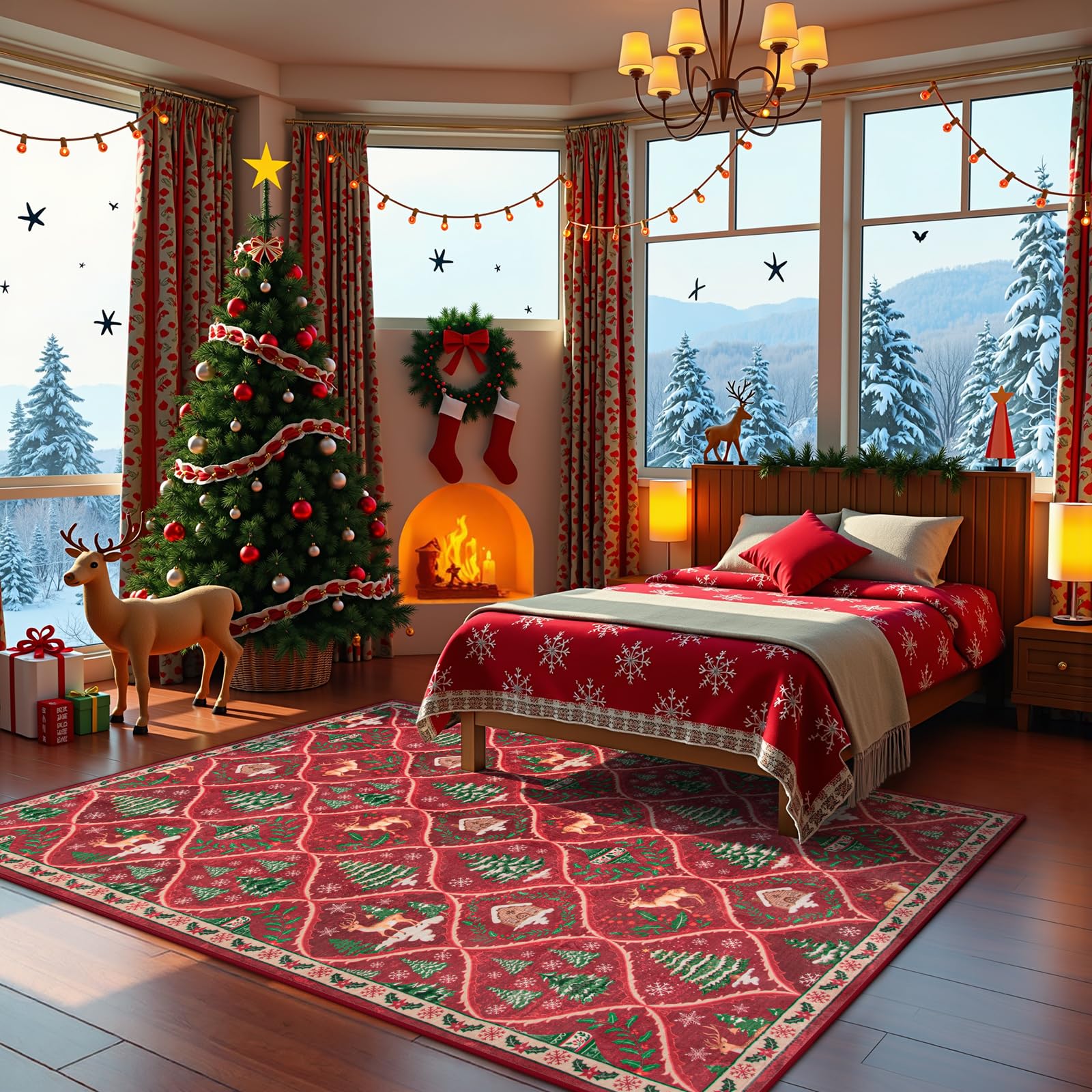 Lahome Christmas Living Room Rug, 5x7 Print Christmas Reindeer Rugs for Bedroom Aesthetic Large Washable Area Rug, Soft Christmas Tree Area Rug Stain Resistance Dining Room Rugs for Under Table (Red)