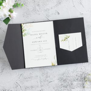 FEIYI 20 PCS Black Tri-fold Laser Cut Wedding Invitation Pockets for 5x7 Wedding Cards Bridal Shower Engagement Quinceanera Invitation