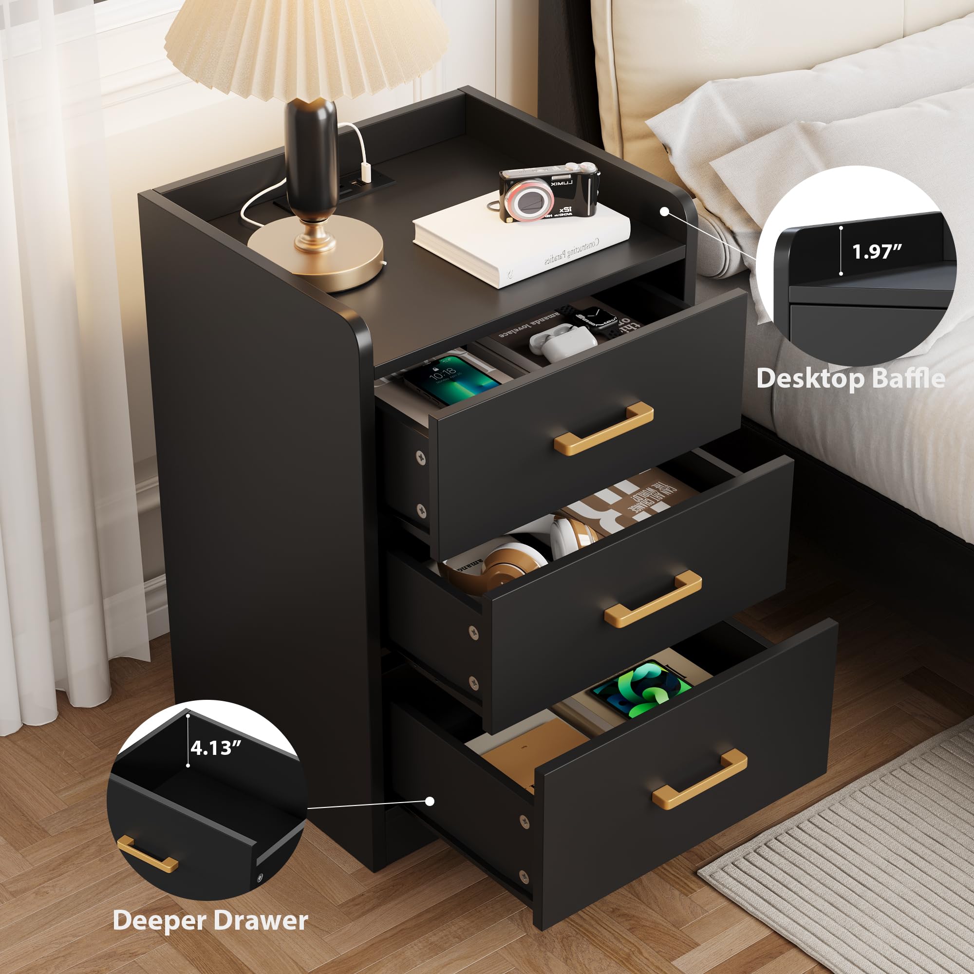 FOTOSOK Nightstands Set of 2 Black Nightstand with Charging Station, 3 Drawer Nightstand with Gold Handles, Black Nightstand for Bedroom, Modern Design End Side Table for Home, Office