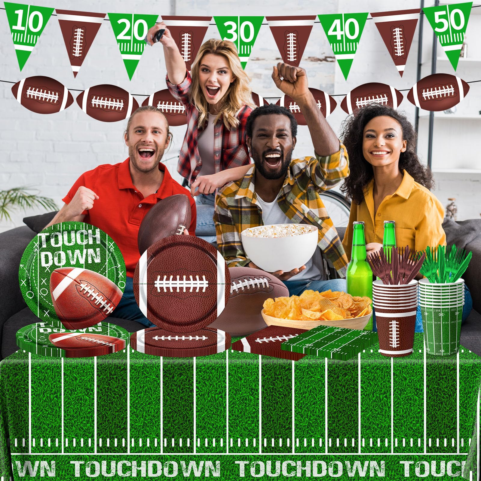 Football Party Supplies Kit Serve 25, 178Pcs Football Theme Party Decorations Includes Football Plates and Napkins Cups Banner Tablecloth for Football Birthday Game Day Tailgate Party Decorations