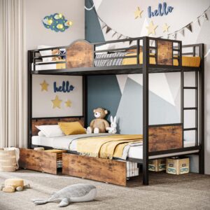 LIKIMIO Bunk Bed Twin Over Twin with Ladder and MDF Board Guardrail, Twin Bunk Beds with 2 Storage Drawers, Space-Saving, Noise Free, Black