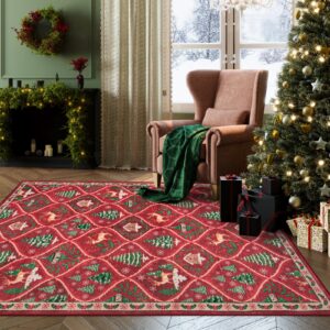 Lahome Christmas Living Room Rug, 5x7 Print Christmas Reindeer Rugs for Bedroom Aesthetic Large Washable Area Rug, Soft Christmas Tree Area Rug Stain Resistance Dining Room Rugs for Under Table (Red)