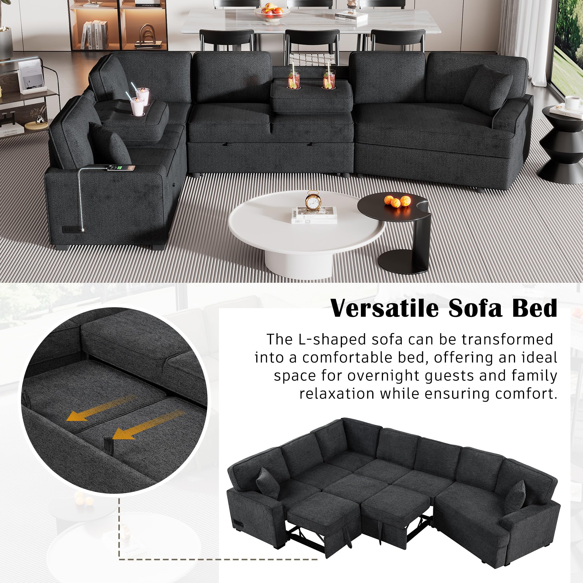 Merax 126" L-Shaped Sectional Sofa Couch Pull-Out Bed with Charging Devices and Cup Holders for Living Room