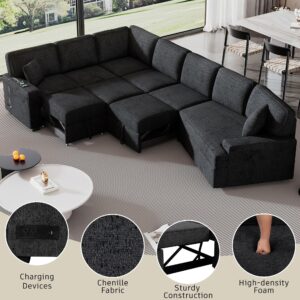 Merax 126" L-Shaped Sectional Sofa Couch Pull-Out Bed with Charging Devices and Cup Holders for Living Room