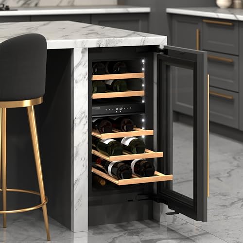 KoolMore KM-CW28DZ-WPR Reserve 15 in. Under-Counter Panel Ready Dual Zone Built-in Wine Cooler with 23 Bottle Capacity and Wooden Shelves in Black, ETL Listed