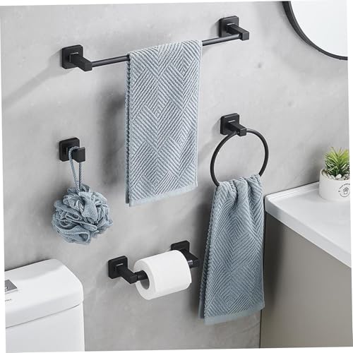 Lamppdcor Towel Rack Set Bathroom Towel Rack Set, 4-Piece Stainless Steel Black Towel Bar Set Includes 16in Hand Towel Bar, Towel Ring, Robe Towel Hooks, Adjustable Toilet Paper Holder