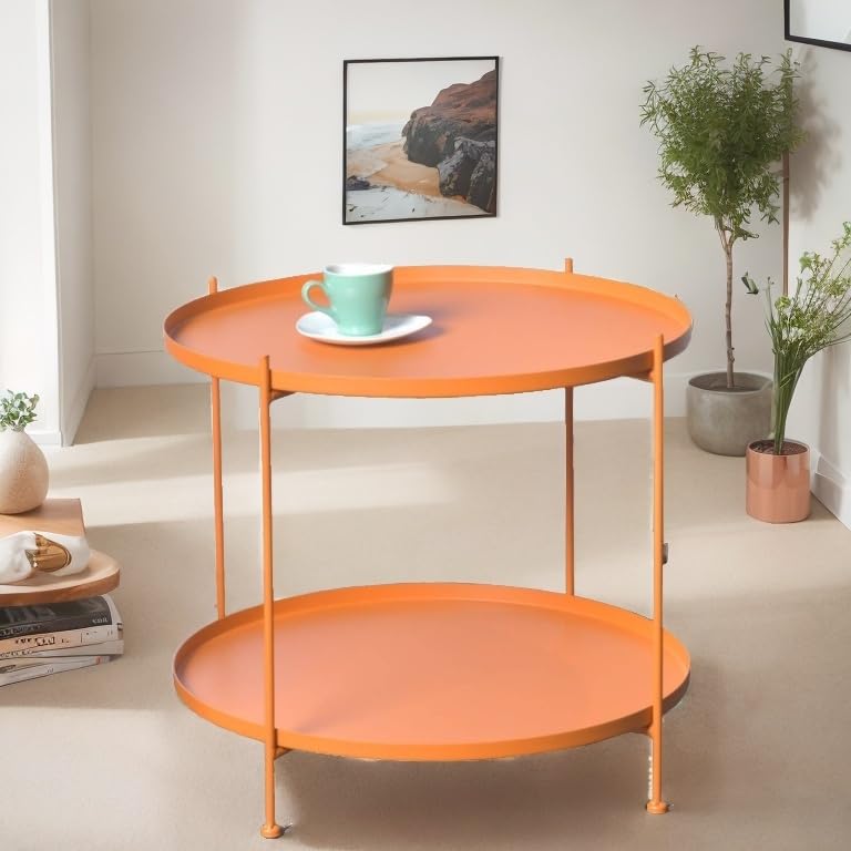 2-Tier Sleek Accent Side/End Table, Circular Top Modern Minimalist Orange Metal Furniture for Living Room, Bedroom - Sofa Table - Nightstand Bedside Table for Small Spaces, Indoor & Outdoor, 23.6" Dia