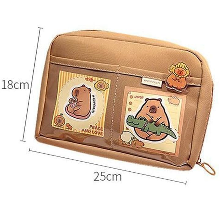 Etdhtia Cute Capybara Pencil Case with 10 Compartments 90° Wide Opening Mouth Pencil Pouch with Kawaii Pins Plush Cute Stationery, Kawaii Pencil Case