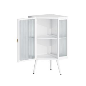 QMIT Corner Cabinet Table with Glass Doors, Small Metal Corner Storage Table ，Corner Hutch Cabinet for Bathroom, Living Room, Bedroom Kitchen (White—2 Tier)