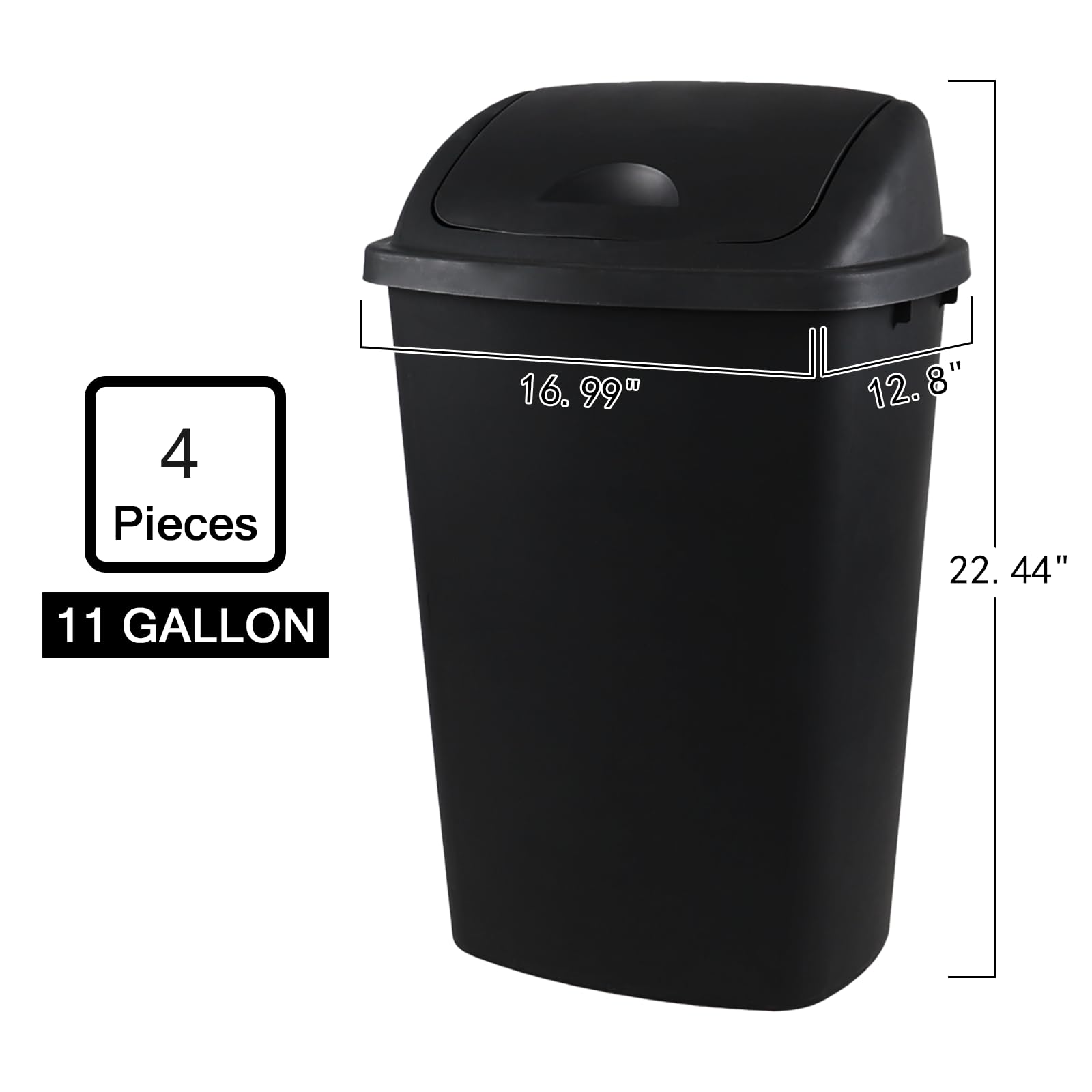 Uumitty 4 Pack 11 Gallon Swing Top Trash Can, Plastic Garbage Bin for Kitchen, Black