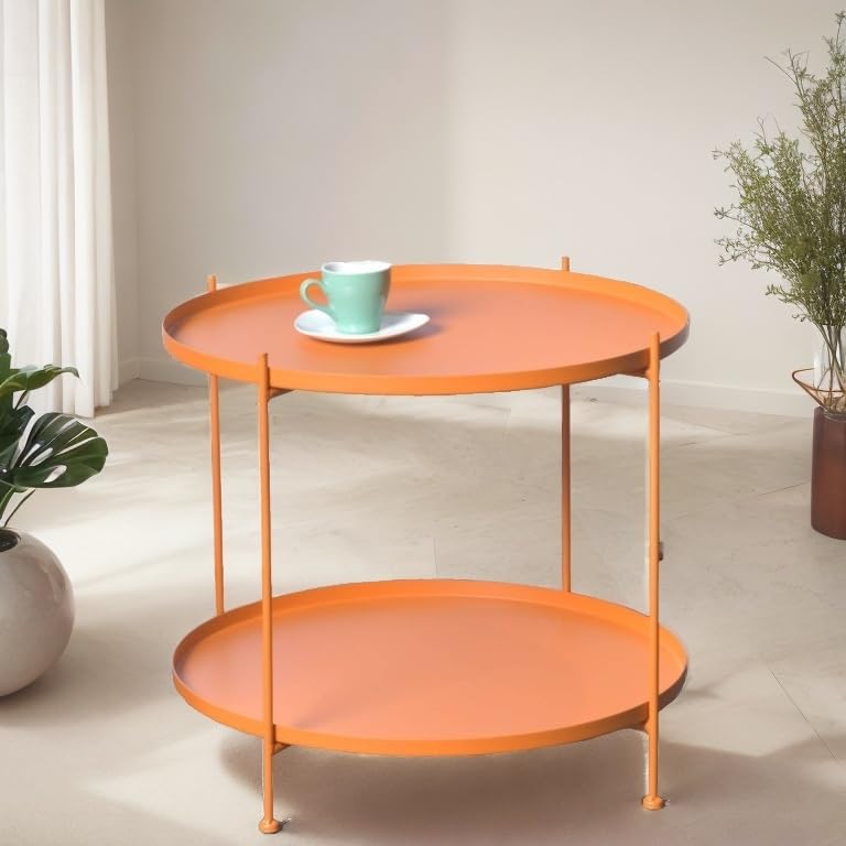 2-Tier Sleek Accent Side/End Table, Circular Top Modern Minimalist Orange Metal Furniture for Living Room, Bedroom - Sofa Table - Nightstand Bedside Table for Small Spaces, Indoor & Outdoor, 23.6" Dia