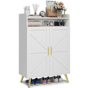 Shoe Storage Cabinet with Doors, 7-Tier Shoe Cabinet for Entryway with Sensor LED Light, Freestanding Shoes Storage Organizer with Adjustable Shelves and Open Storage for Hallway, Living Room, White