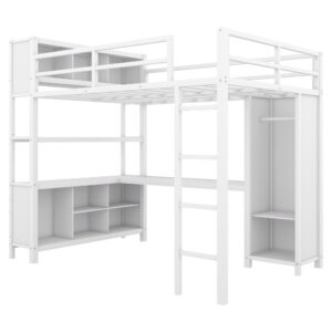 Linique Full Size Metal Loft Bed with L-Shape Desk, Wardrobe and Storage Shelves, Full Length Guardrail and Ladder, White