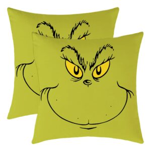 yaofavo christmas decorative throw pillow cover, merry grinchmas cushion covers xmas, green face pack of 2 pillowcase only (green face, 18 x 18 inch)