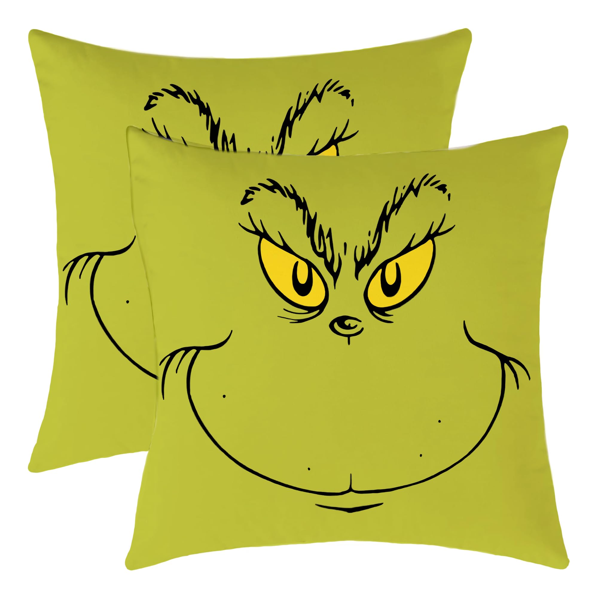 Yaofavo Christmas Decorative Throw Pillow Cover, Merry Grinchmas Cushion Covers Xmas, Green Face Pack of 2 Pillowcase Only (Green Face, 18 x 18 Inch)