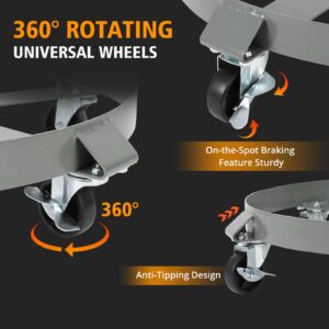 GarveeTech Drum Dolly - 67cm Outer Ring Diameter, 1250lbs Load Capacity, 55GAL, 3mm Plate Thickness, 3" Universal Wheels with Brakes