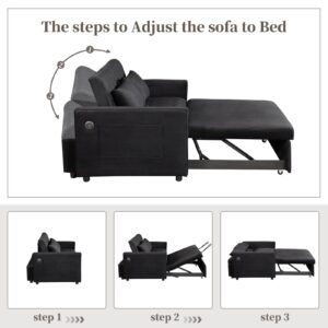 ZKJOLMN 3 in 1 Convertible Pull Out Couch Bed, Velvet Sleeper Sofa Couch with Pull Out Bed, Loveseat Sleeper with Adjustable Backrest, Pull Out Sofa Bed Sleeper for Living Room (Black)