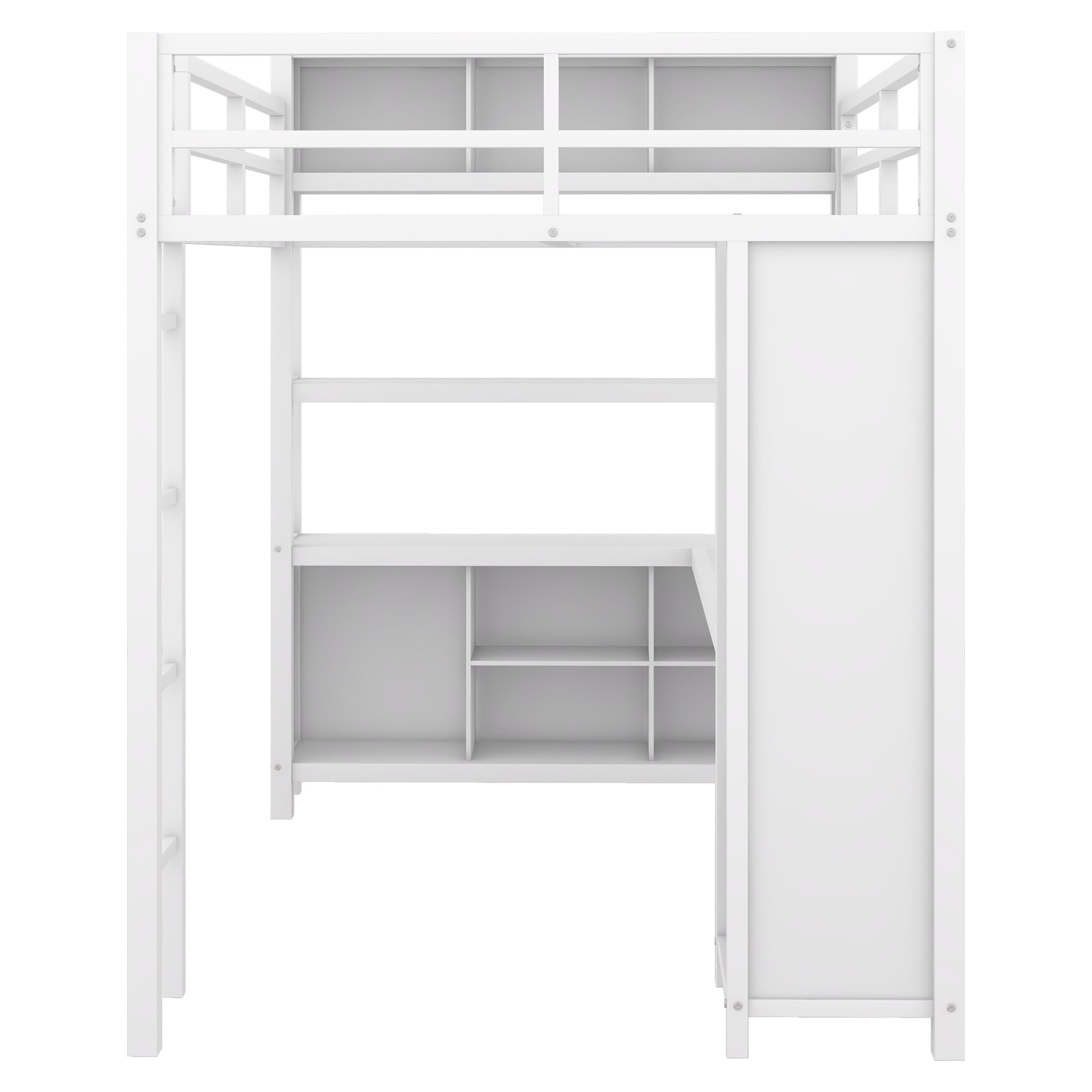 Linique Full Size Metal Loft Bed with L-Shape Desk, Wardrobe and Storage Shelves, Full Length Guardrail and Ladder, White