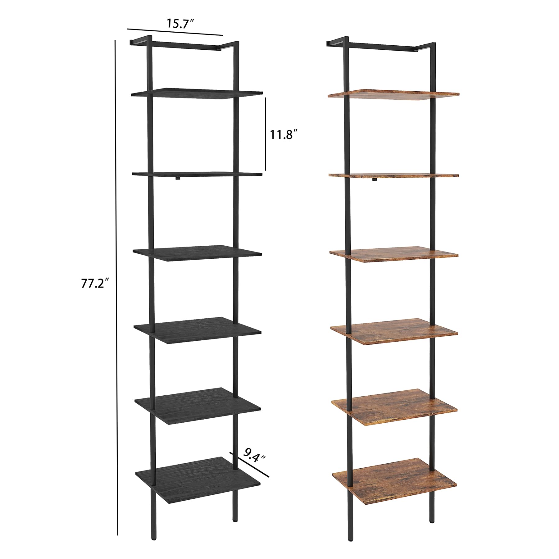 POBOMULI 6-Tier Ladder Shelf, 77 Inches Wall Mounted Ladder Bookshelf with Metal Frame, Wood Tall Open Storage Rack and Display Shelves for Home Office Bedroom Living Room, Black