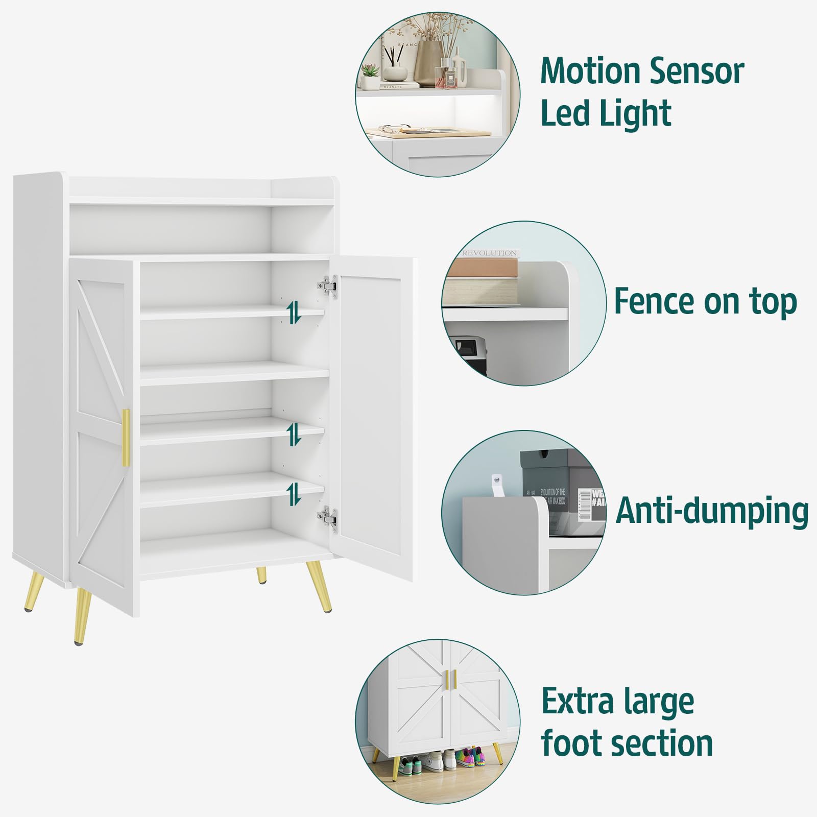 Shoe Storage Cabinet with Doors, 7-Tier Shoe Cabinet for Entryway with Sensor LED Light, Freestanding Shoes Storage Organizer with Adjustable Shelves and Open Storage for Hallway, Living Room, White