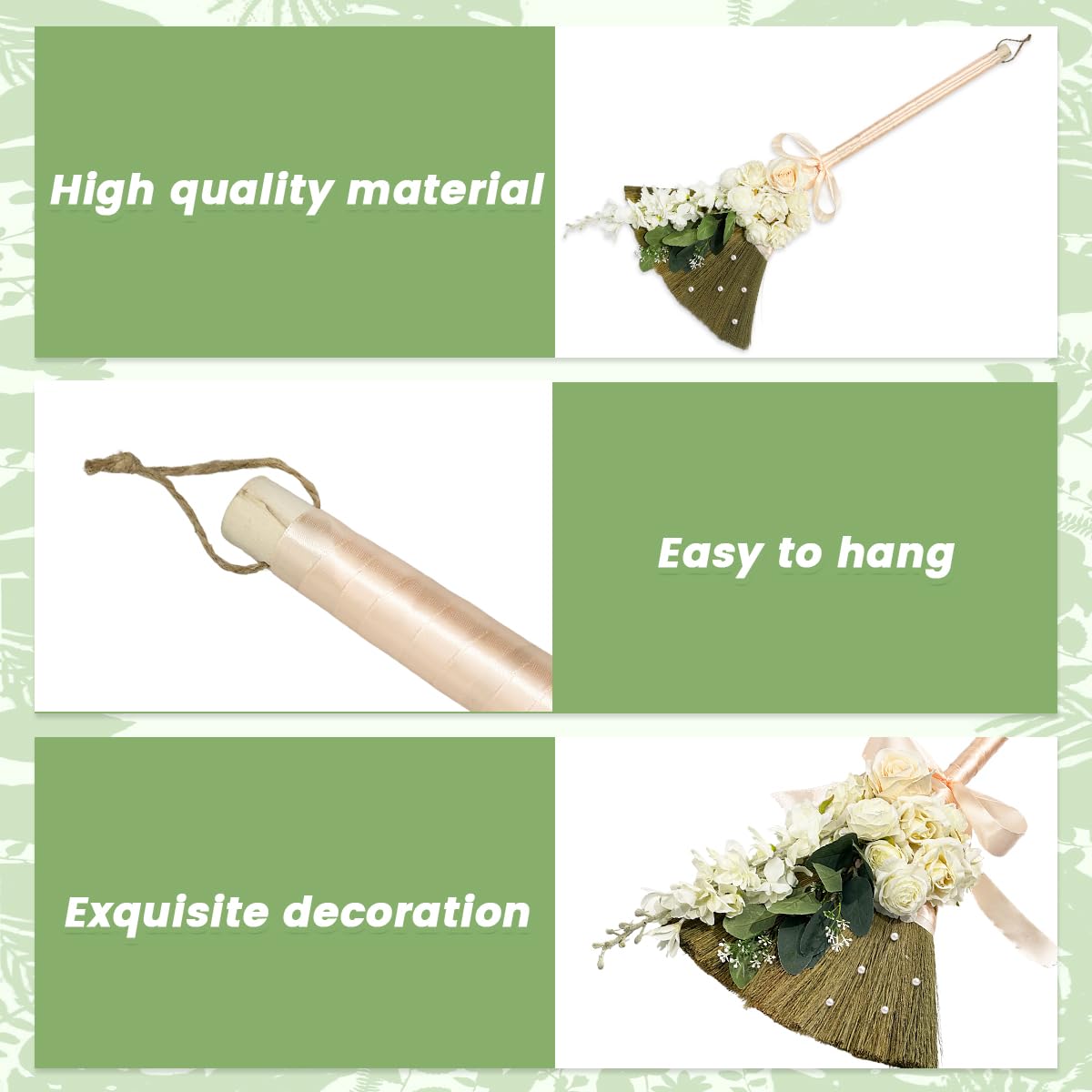 Bride and Groom Wedding Broom Jumping Ceremony,DIY Wedding Broom,Wedding Decoration Jumping Broom with Ribbon Artificial Pearls Rose Delphinium Leaves Eucalyptus,Wedding Decoration Crafts