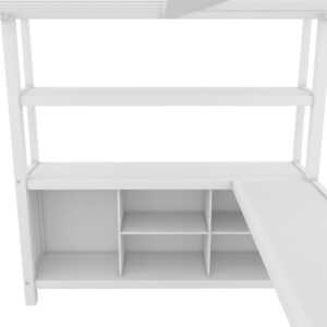 Linique Full Size Metal Loft Bed with L-Shape Desk, Wardrobe and Storage Shelves, Full Length Guardrail and Ladder, White