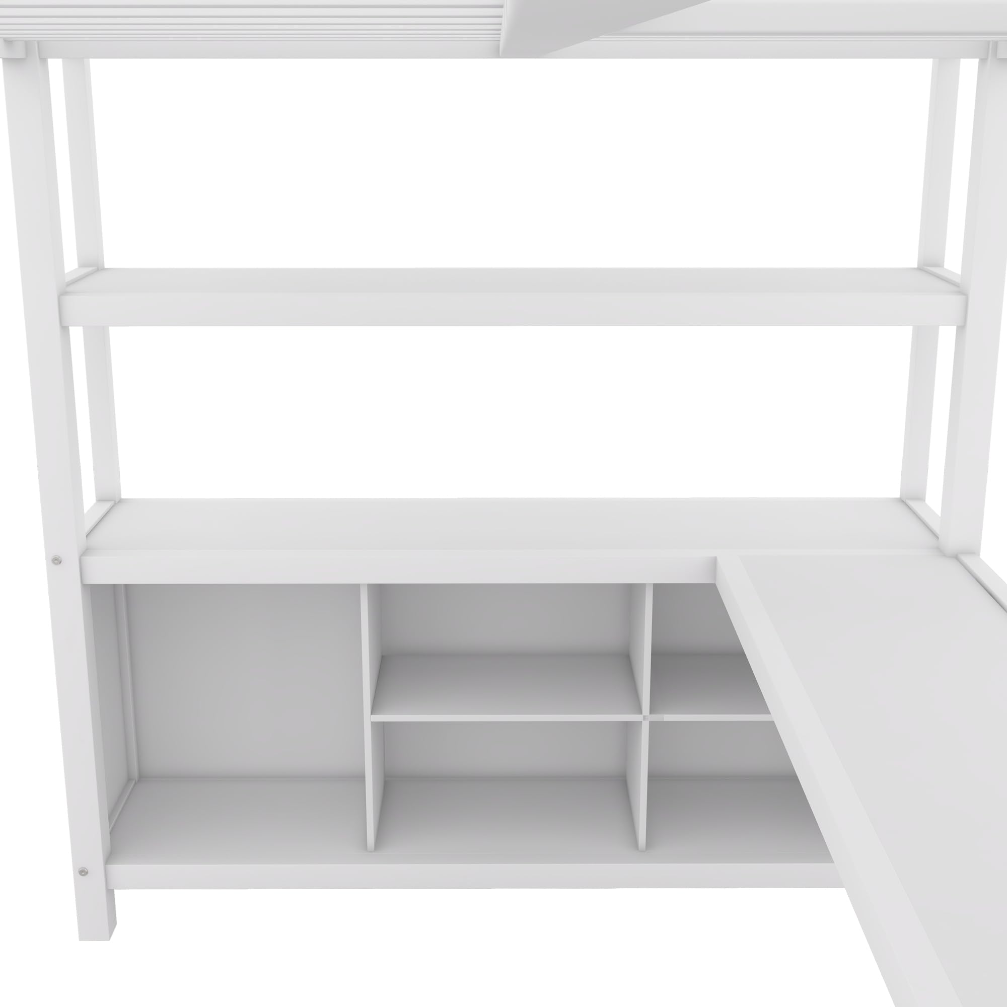 Linique Full Size Metal Loft Bed with L-Shape Desk, Wardrobe and Storage Shelves, Full Length Guardrail and Ladder, White