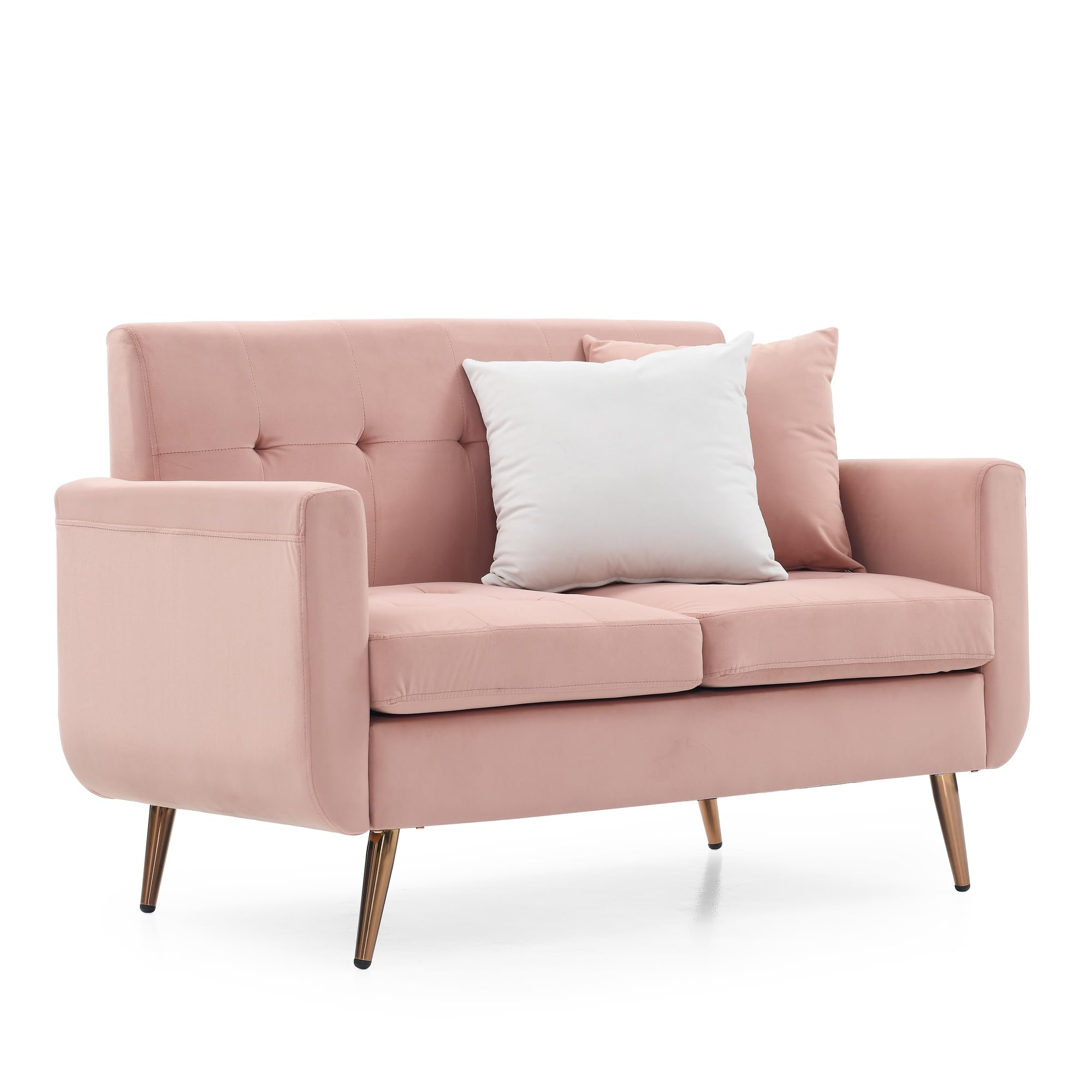 TZXTW Small Couches for Small Spaces, Modern Loveseat Sofa with Gold Iron Legs, Mid Century Decor Love Seat, Button Tufted Linen Fabric 2 Seat Sofa, for Living Room, Bedroom, Apartment, Office,Pink