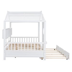 Full Size House Bed with Trundle for Kids,Full Kids Bed Frame with Storage Shelves,Wood House Bed Frame for Girls,Boys,Can be Decorated,White