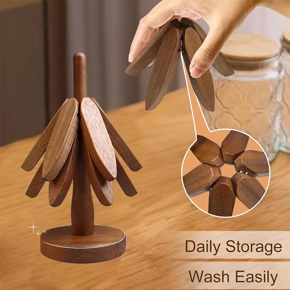 Wooden Tree Coasters, Wooden Trivets for Hot Dishes,Walnut Tree Shape Table Insulation Mat Set for Hot Pots and Pans Heat Resistant Pads for Kitchen Counter (Walnut, M, 3 Wooden Trivet + 1 Stand)