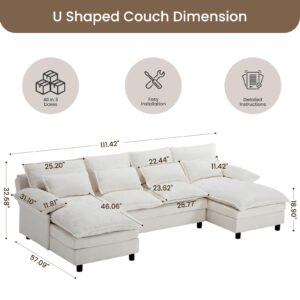 Siiejia U Shape Cloud Couch, 4 Seats Comfy Sectional Sofa Couches for Living Room, Modular Chenille Sofas with Double Reversible Chaise for Spacious Space Apartment, Beige